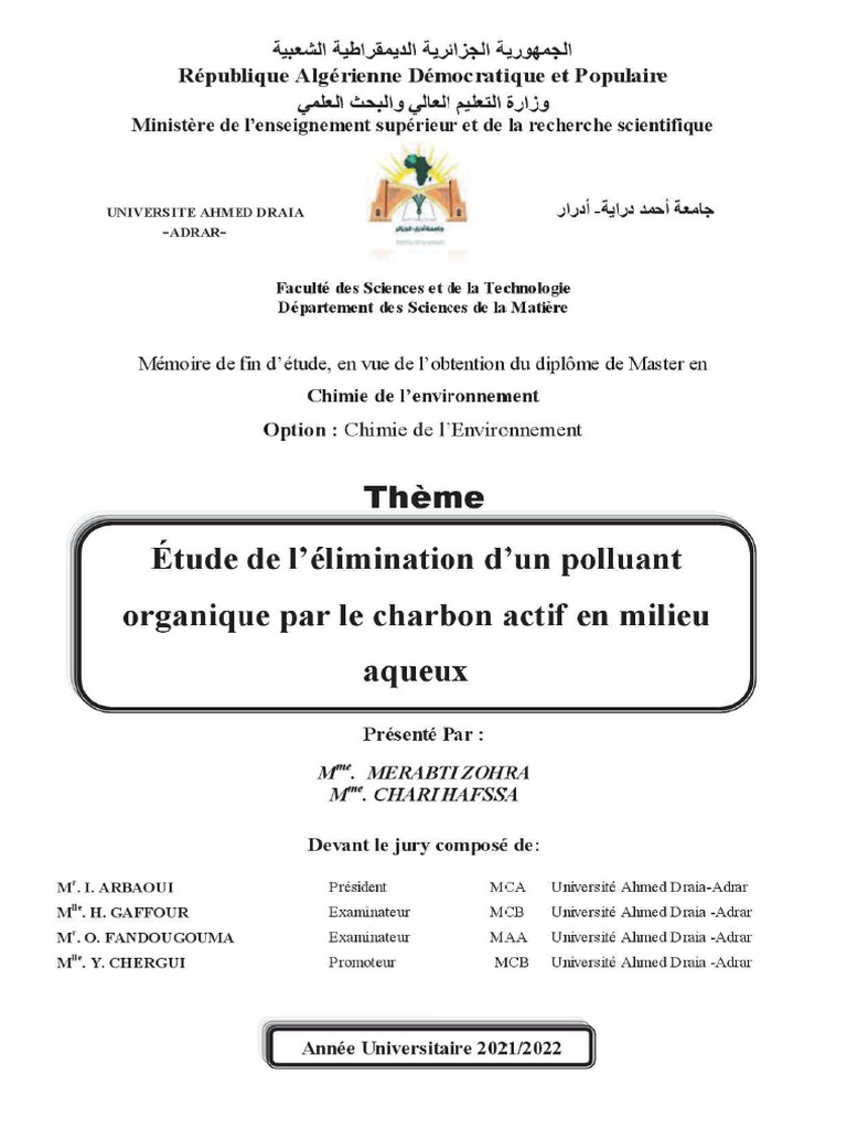 Etude de L'élimination D'un Polluant Organique Par Le Charbon Actif en ...