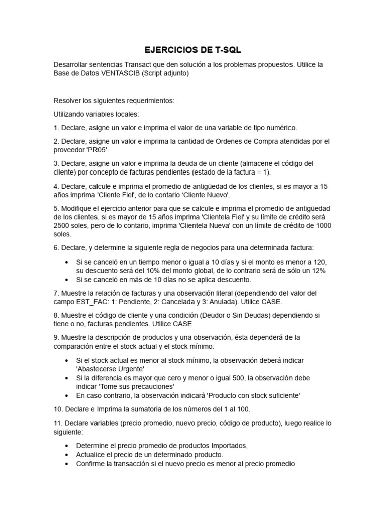Ejercicios de T-SQL | PDF