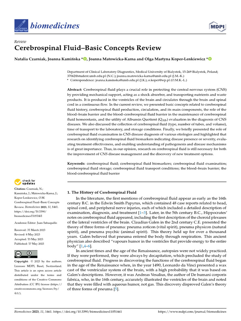 2023 Cerebrospinal Fluid Basic Concepts Review | PDF | Cerebrospinal Fluid | Physiology