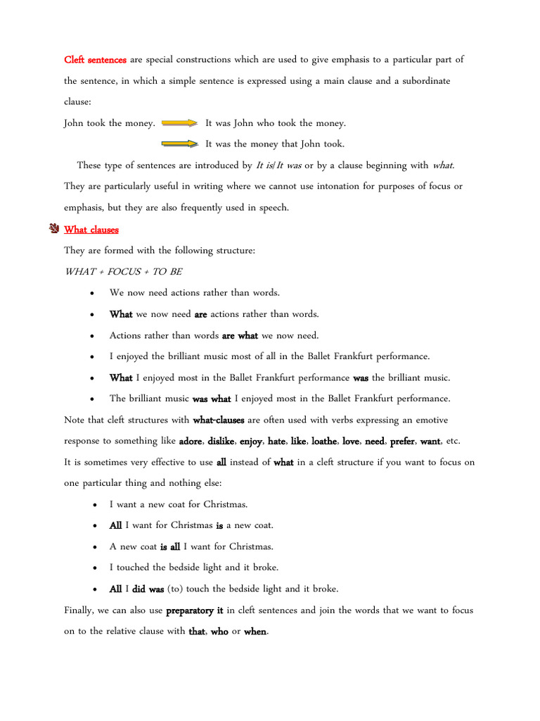 Cleft Sentences Info - Practice | PDF | Sentence (Linguistics) | Clause