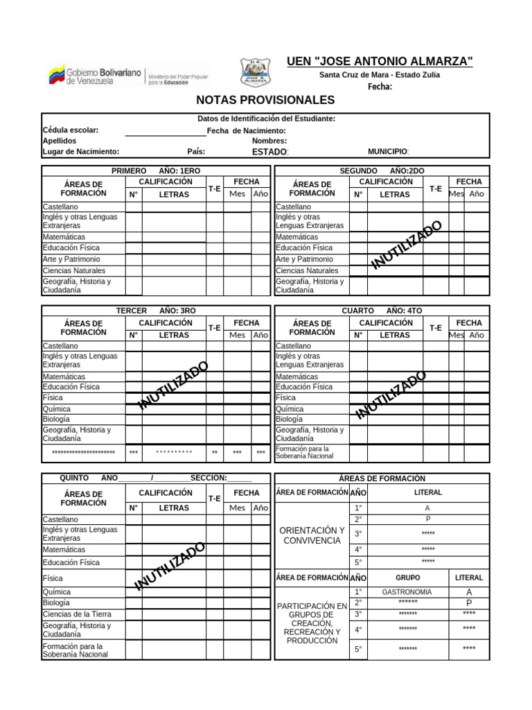 Formato Notas Provicionales para Llenar | PDF | Science | Ciencias ...
