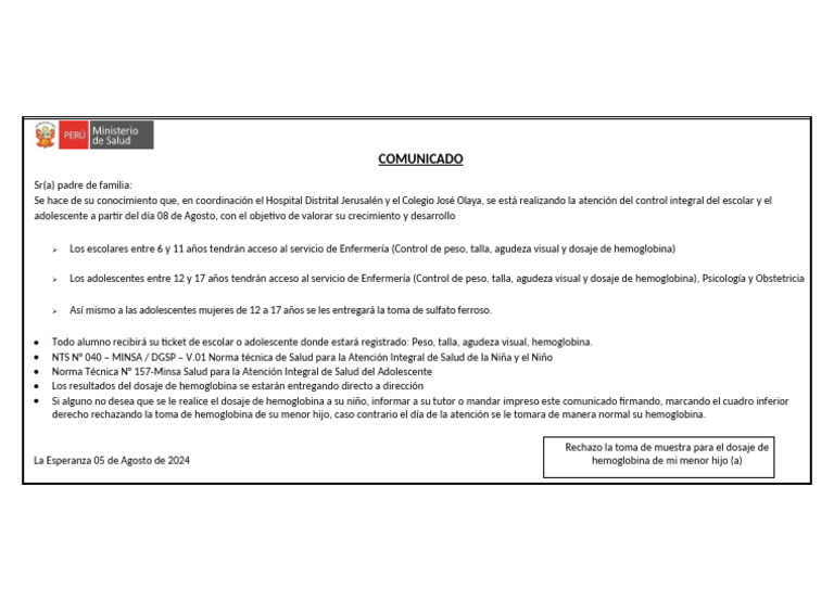 Comunicado Escolar y Adolescente | PDF