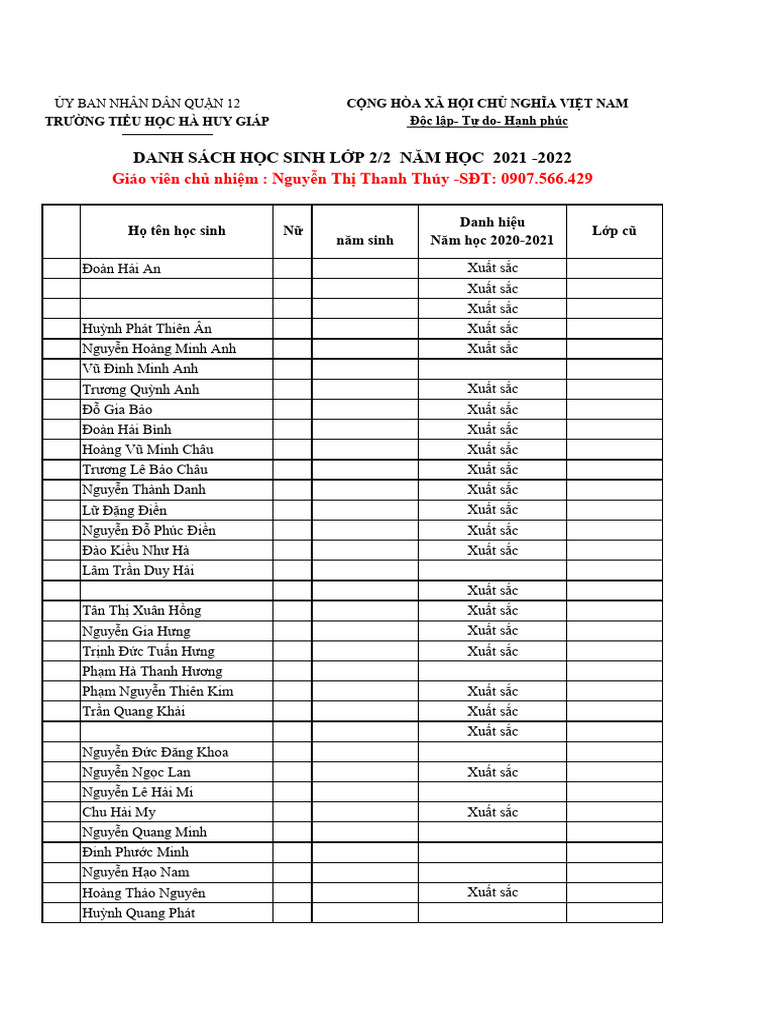 Lop 22 Danh Sach NH 2021 2022 - 692021124036 | PDF
