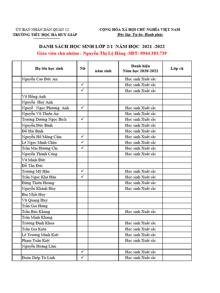 Lop 21 Danh Sach NH 2021 2022 - 692021124036 | PDF
