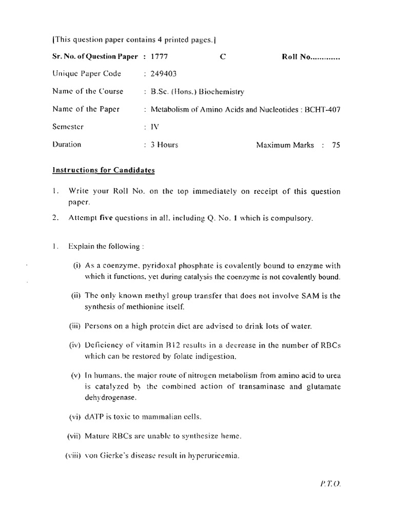 B SC (Hons) Biochemistry Metabolism of Amino Acids & Nucleotides-Bcht-407 Sem IV | PDF