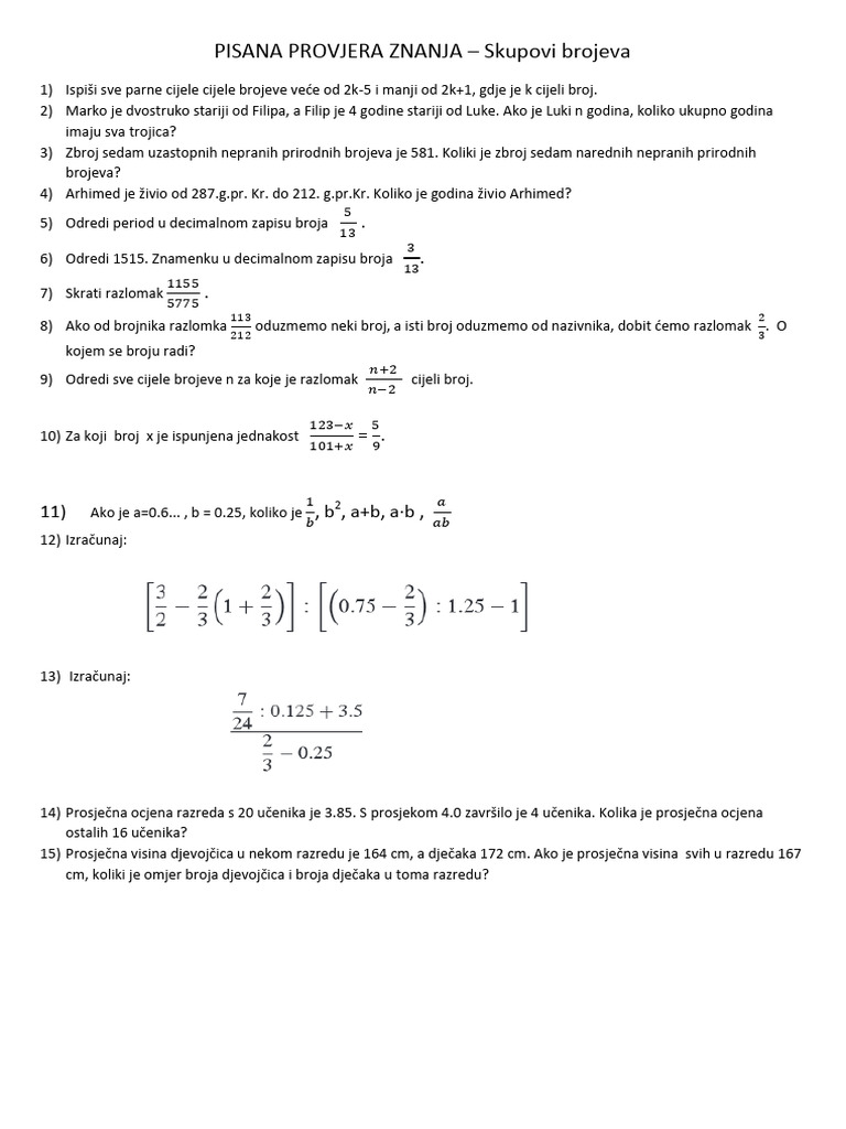 PISANA PROVJERA ZNANJA 1.r. Skupovi Brojeva | PDF