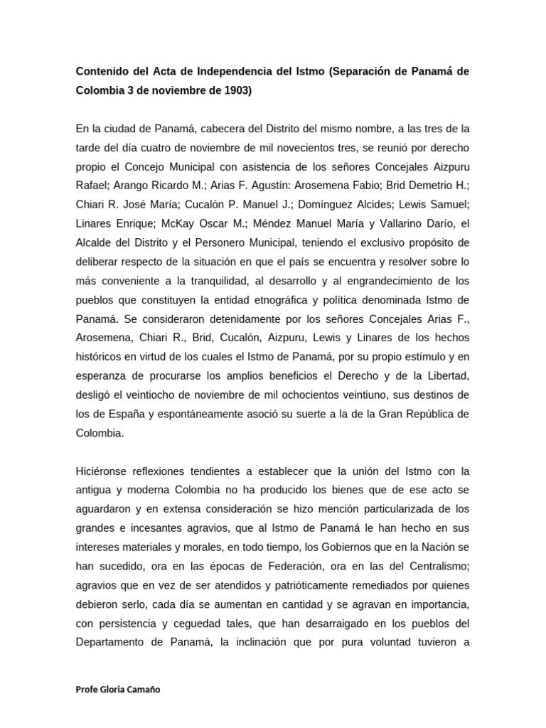 Acta de Independencia (Separación de Panamá) Del Istmo Profe Gloria ...
