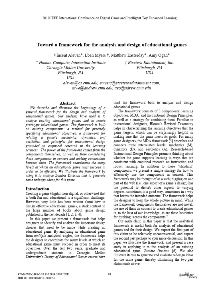 Toward A Framework For The Analysis and Design of Educational Games ...