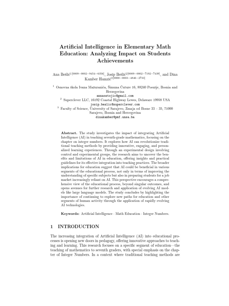 Artificial Intelligence in Elementary Math Education Analyzing Impact On Students Achievements ...