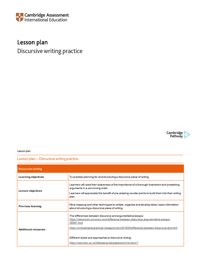 Discursive Writing Lesson Plan | PDF | Lesson Plan | Learning