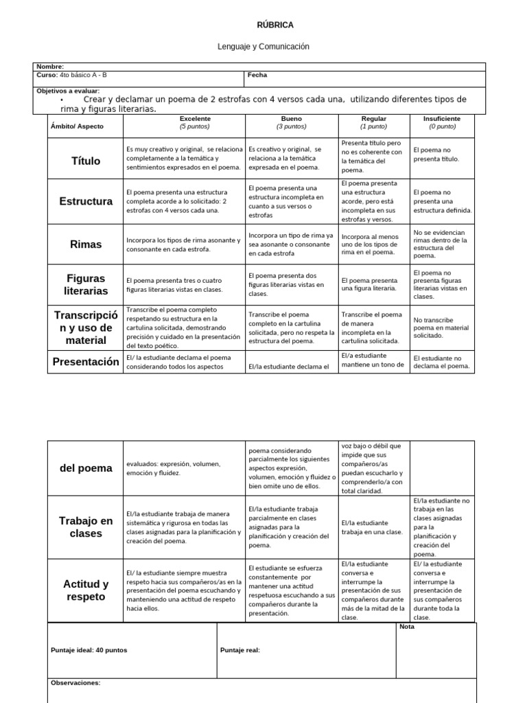 4º.rúbrica Poema 4°basico | PDF | Rima | Poesía