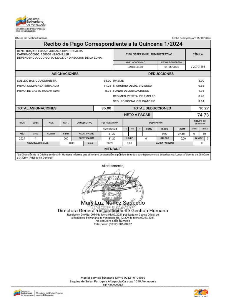 Recibo de Pago Quincena 1/2024 | PDF