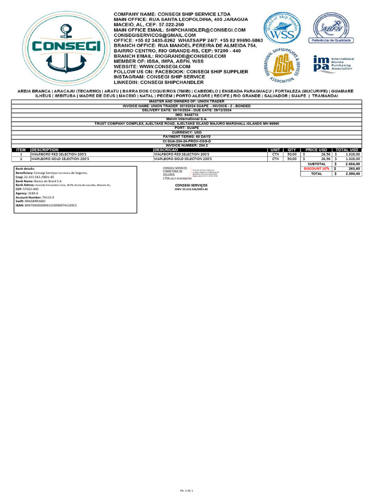 Union Trader 30102024 Suape - Invoice - 2 - Bonded | PDF