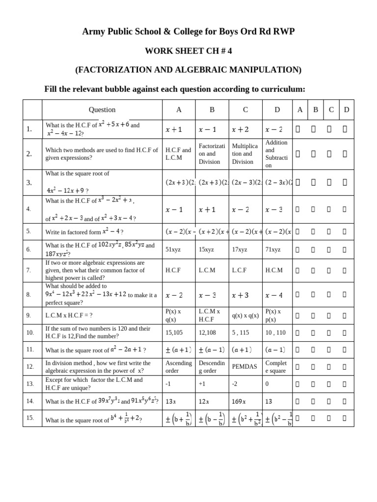 9th Chapter 3,4 Worksheets (New Book) | PDF | Factorization | Arithmetic
