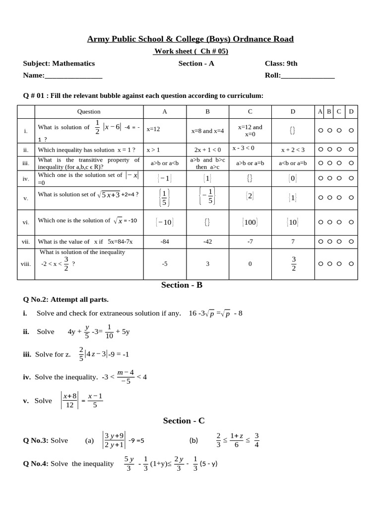 9th Class Work Sheet (CH# 5) 2024 (New) - 121430 | PDF