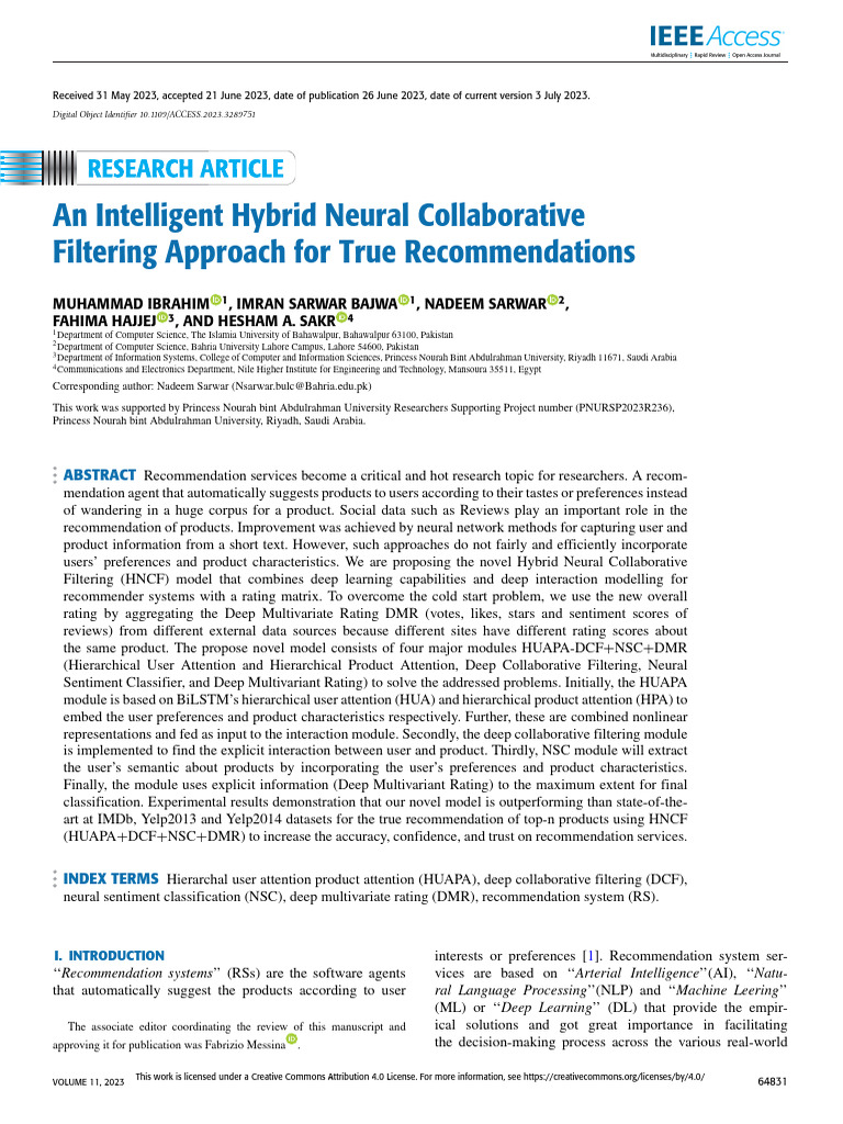 An Intelligent Hybrid Neural Collaborative Filtering Approach For True