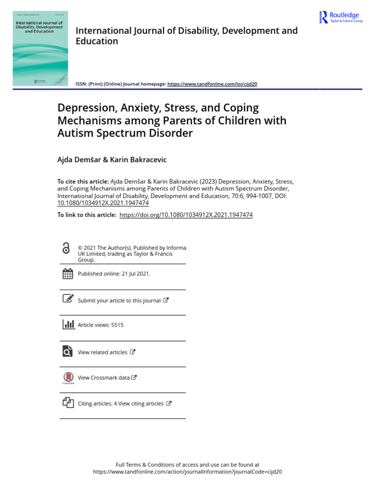 Depression Anxiety Stress and Coping Mechanisms Among Parents of Children With Autism Spectrum ...