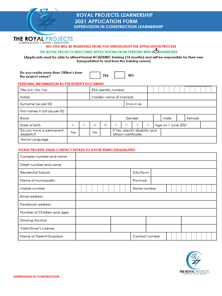 Royal Projects Learnership Application Form | PDF | Criminal Record | Identity Document