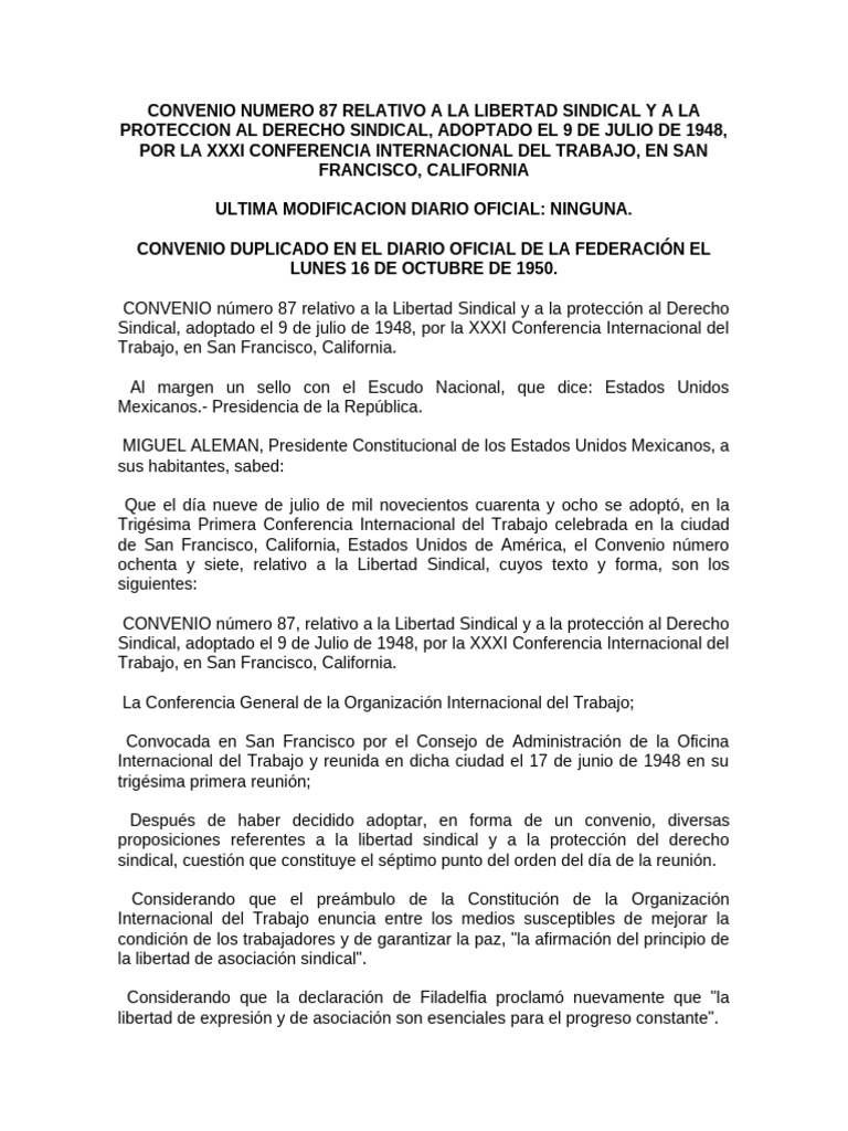 Convenio 87: Libertad Sindical 1948 | PDF | Tratado | Organización Internacional del Trabajo
