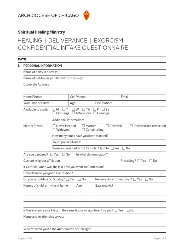 Spiritual Intake Form | PDF | Deliverance Ministry | Psychological Trauma