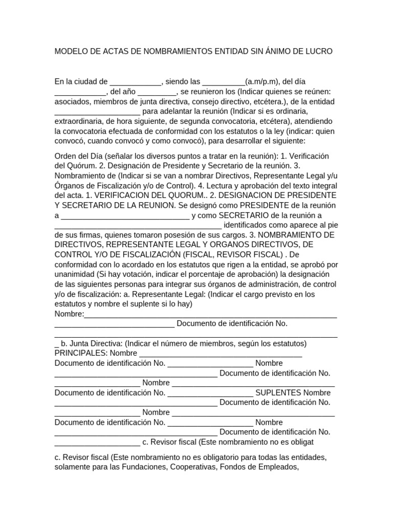 Modelo de Actas de Nombramientos Entidad Sin Ánimo de Lucro | PDF | Gobierno