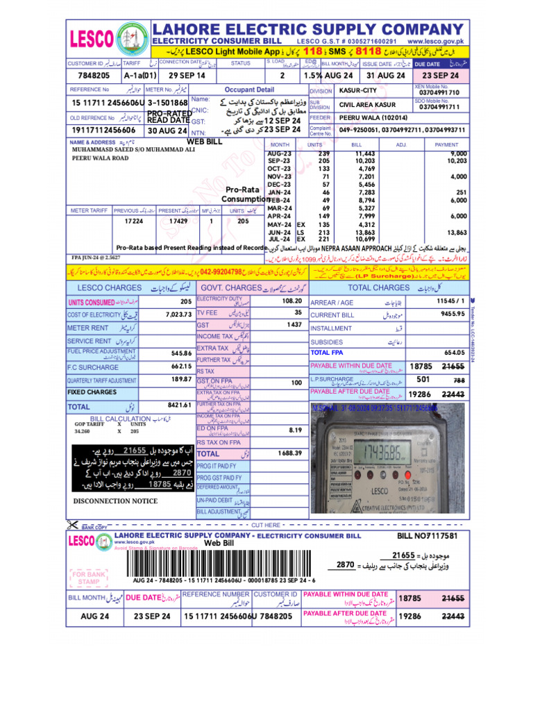 LESCO Web Bill Summary for AUG 2024 | PDF