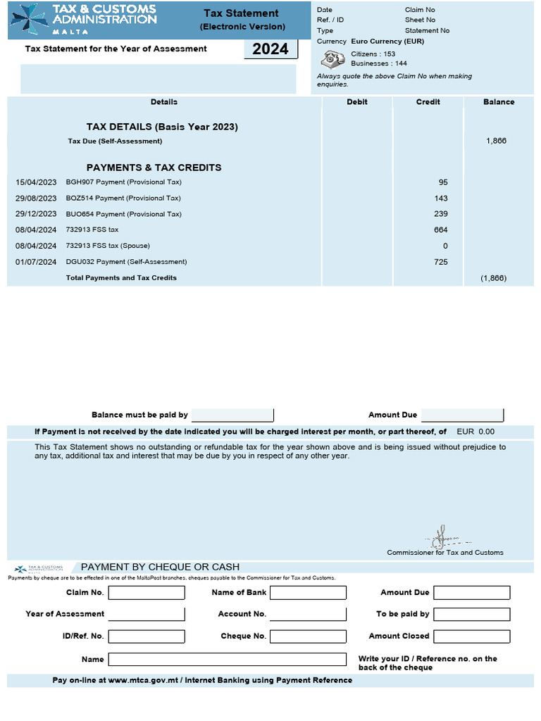 Tax Statement Printout 2024 | PDF | Payments | Cheque