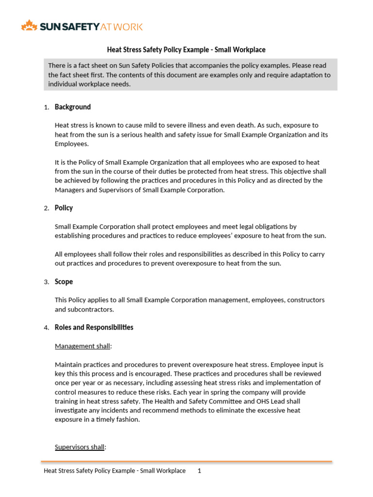 Heat Stress Safety Policy Example - Small Workplace | PDF ...