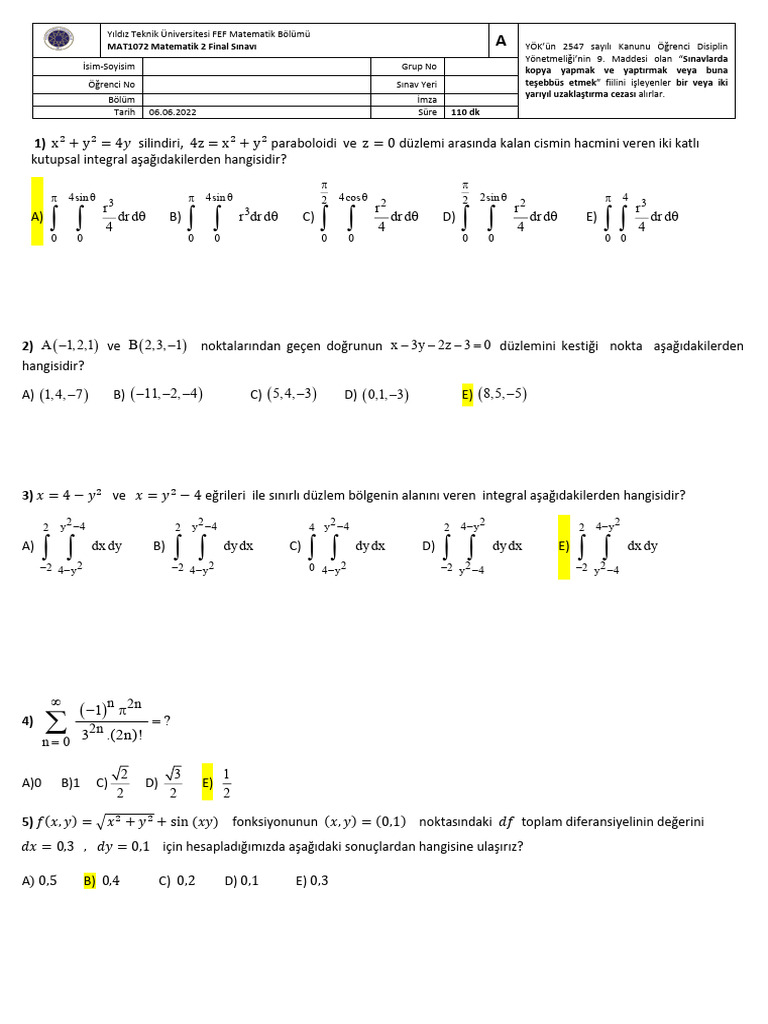 2022 Bahar MAT2 Final | PDF