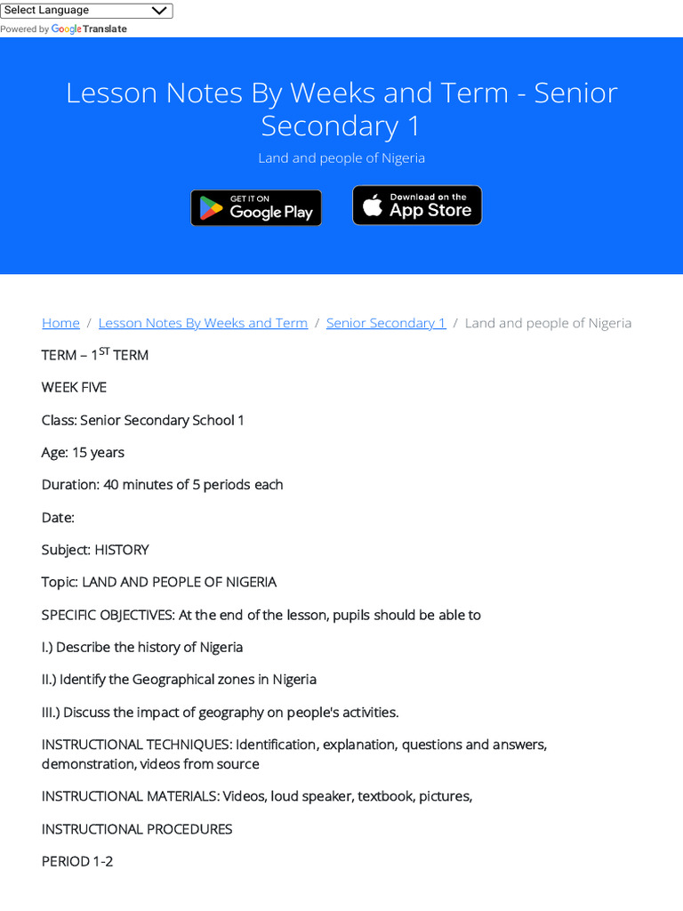 Lesson Notes by Weeks and Term - Senior Secondary 1: Land and People of ...