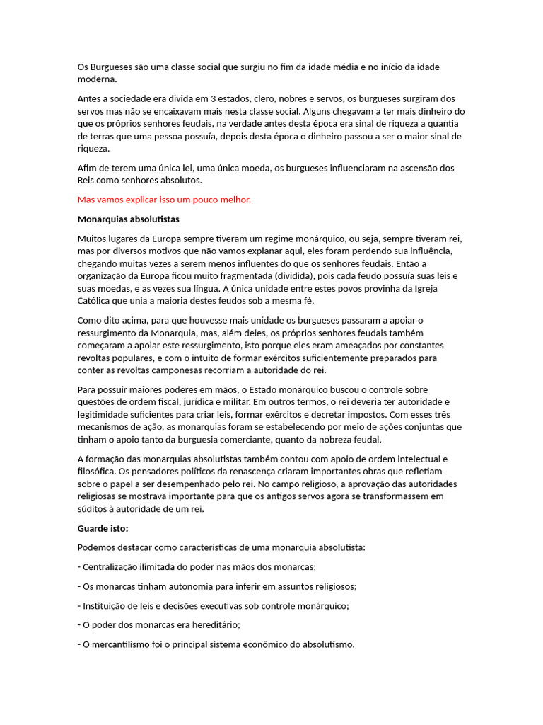 Os Burgueses e As Monarquias Absolutistas | PDF | Feudalismo | Monarquia