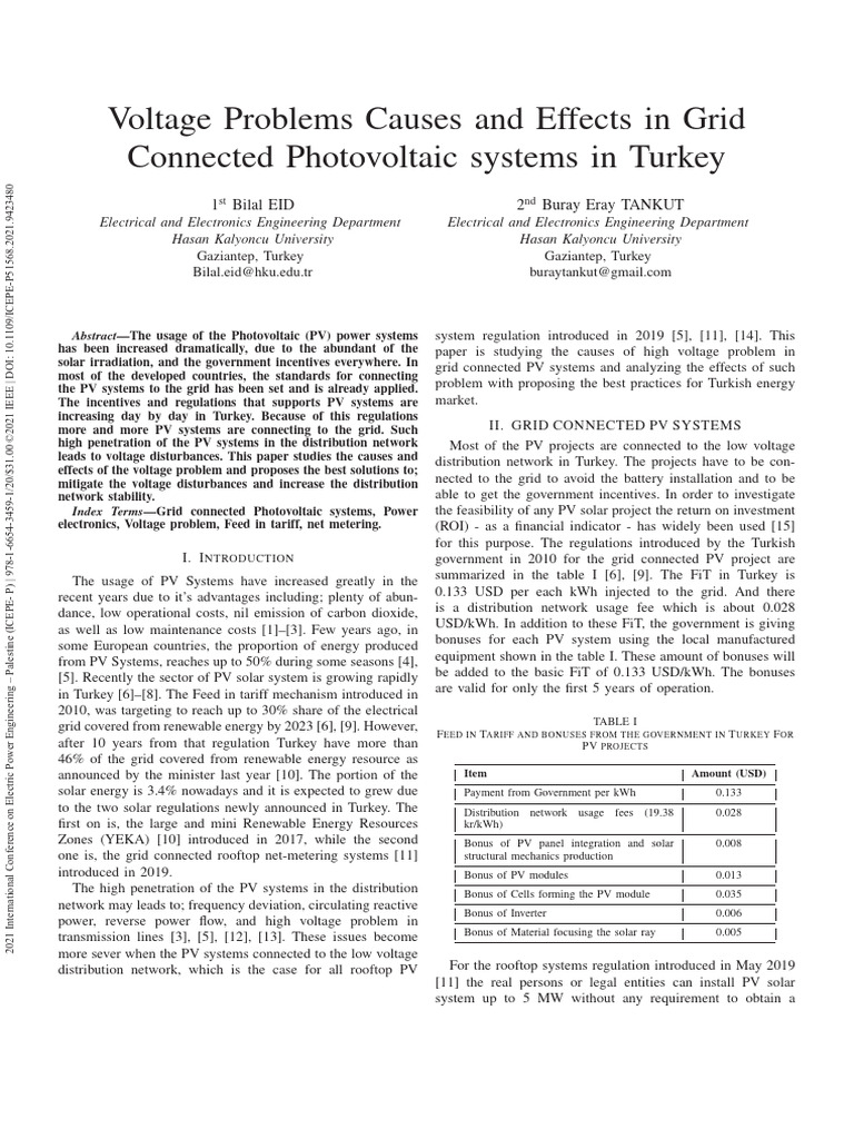 Voltage Problems Causes and Effects in Grid Connected Photovoltaic Systems in Turkey | PDF ...