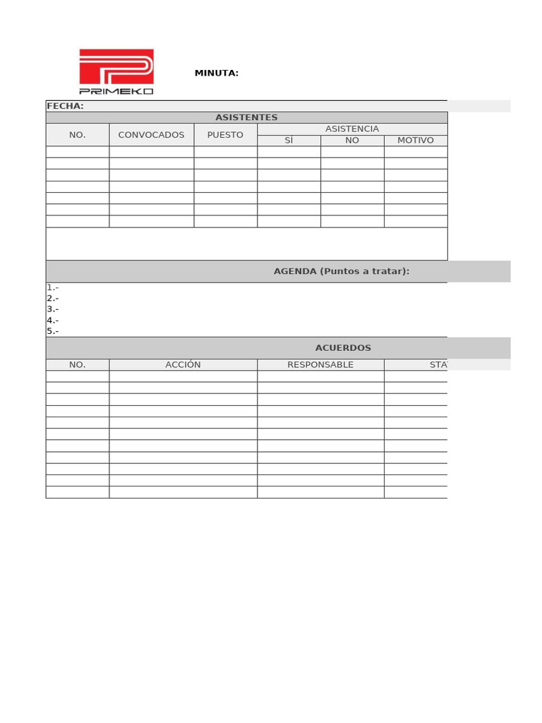 Formato de Minuta de Trabajo en Excel | PDF