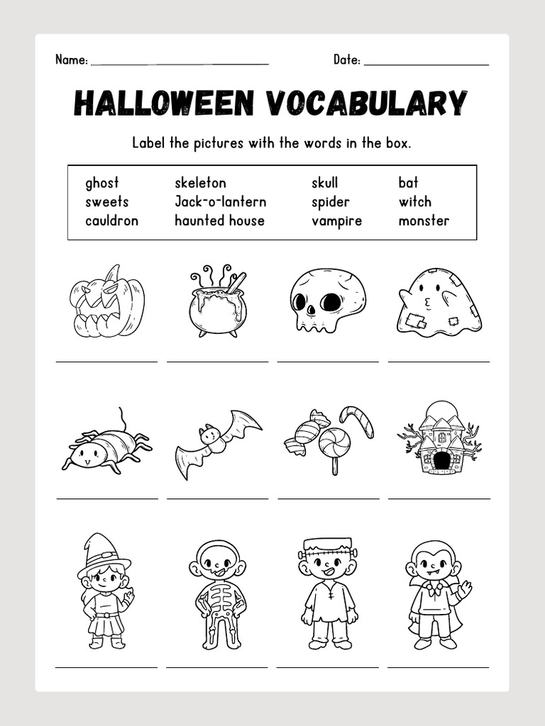 Halloween Vocabulary Worksheet in Black and White Illustrative Style | PDF