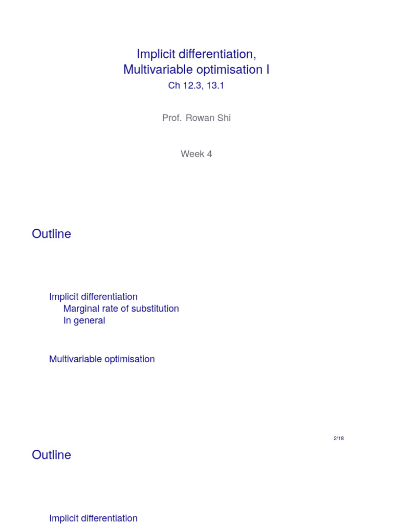 Implicit Differentiation, Unconstrained Multivariable Optimization | PDF | Derivative | Analysis