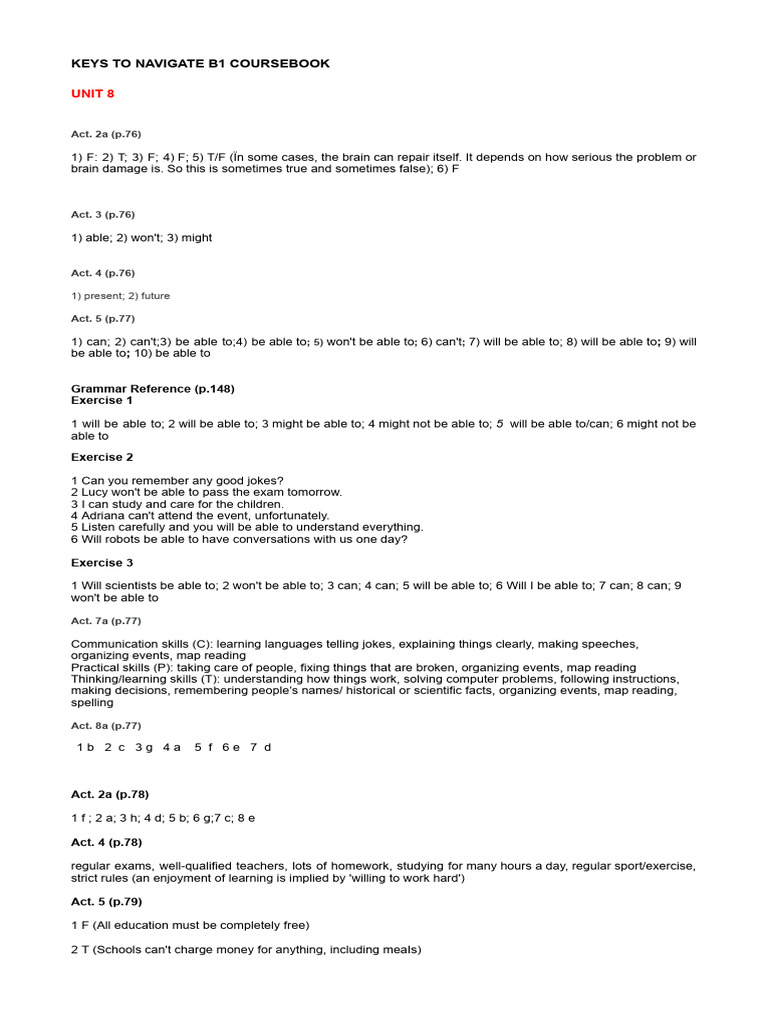 KEYS TO NAVIGATE B1 COURSEBOOK - UNIT 8 - 4p | PDF | Learning