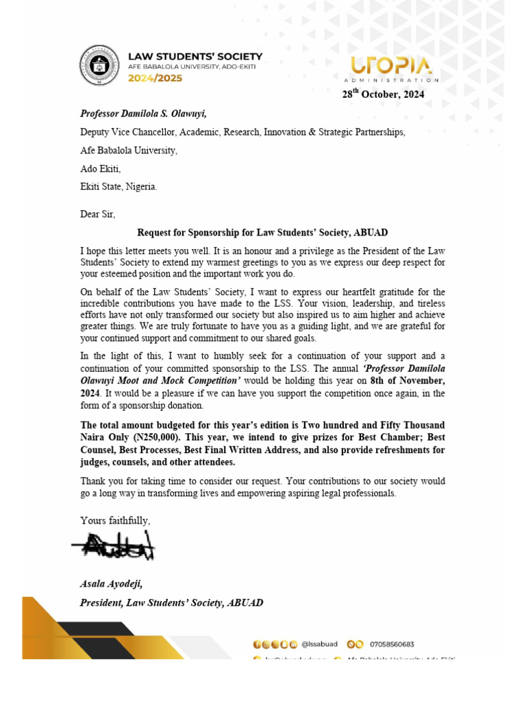 Letter of Request For Sponsorshop For Prof Damilola Olawuyi Moot and ...