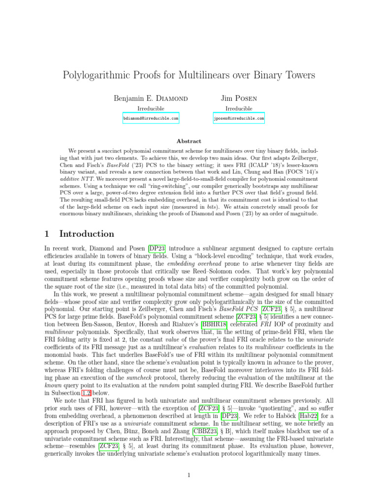Polylogarithmic Proofs For Multilinears Over Binary Towers: Benjamin E. Jim | PDF | Field ...