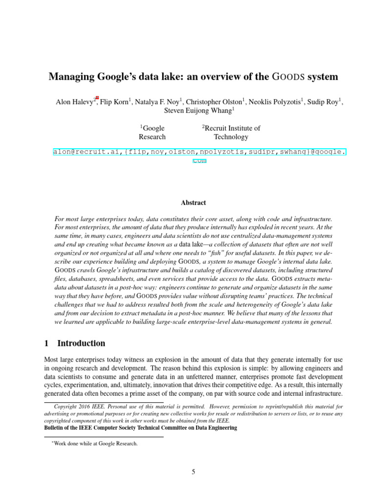 Managing Google's Data Lake - An Overview of The GOODS System | PDF | Metadata | Data