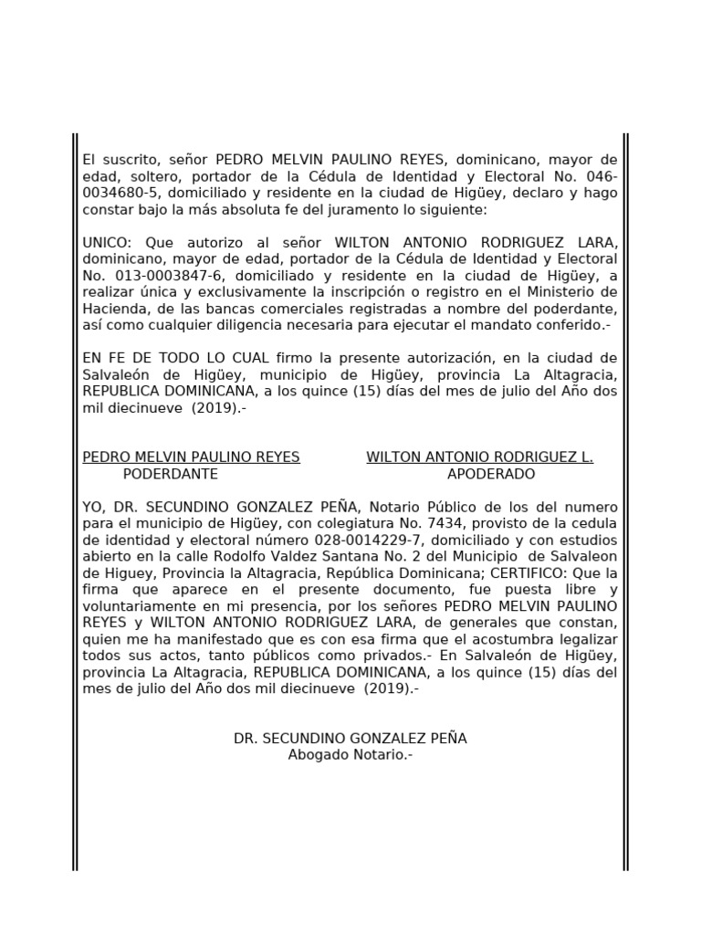 Poder Pedro Melvin Paulino Reyes A Wilton Antonio Rodriguez Lara ...