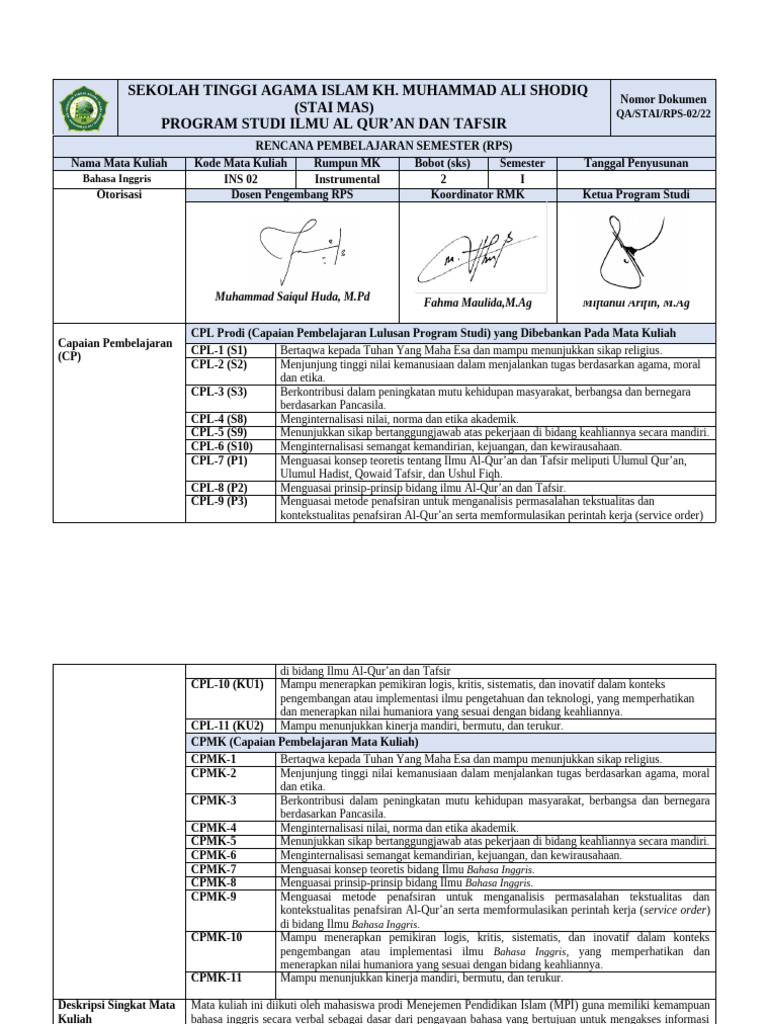 2 RPS Bahasa Inggris | PDF | Karier & Perkembangan | Seni & Disiplin Bahasa