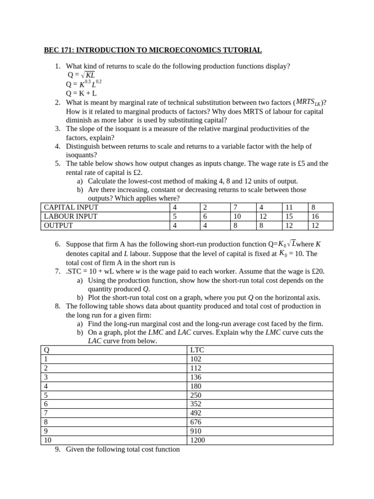 Bec 170 - Tutorial - Production Theory and Costs | PDF | Production Function | Economics