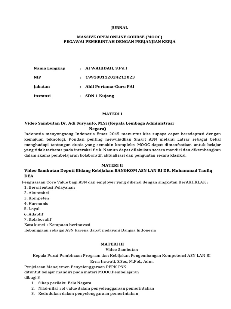 Jurnal Mooc - Swajar PPPK 2024 - Ai Wahidah | PDF