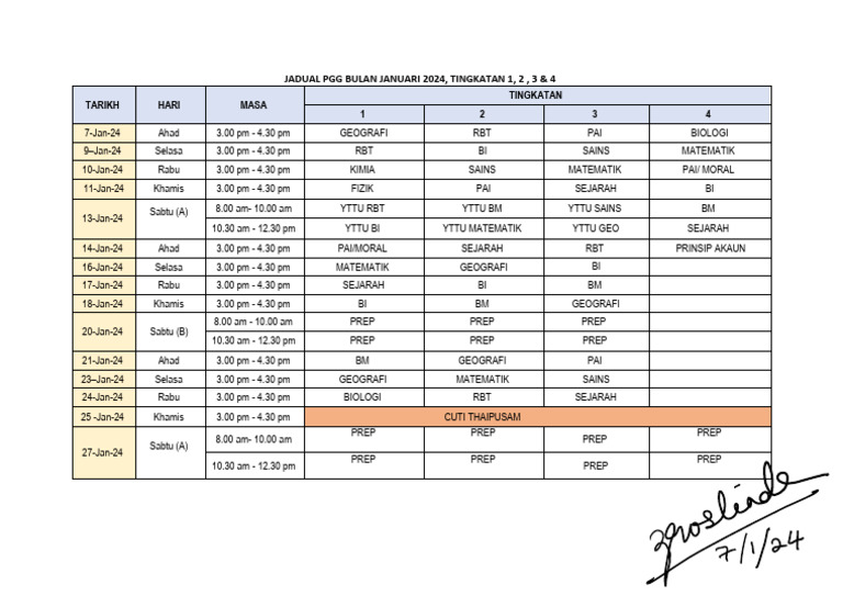 Tarikh Hari Masa Tingkatan 1 2 3 4: Jadual PGG Bulan Januari 2024, Tingkatan 1, 2, 3 & 4 | PDF