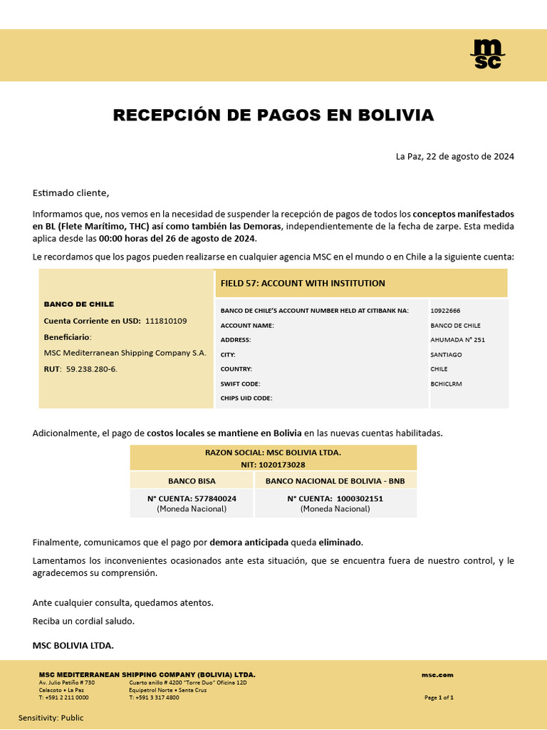Comunicado MSC Cambio Fecha de Pagos en Bolivia | PDF | Inversores ...