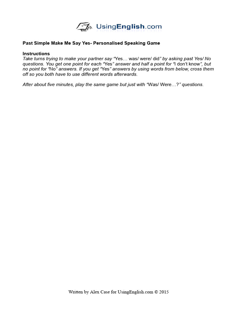 Past Simple Make Me Say Yes Personalised Speaking Game | PDF