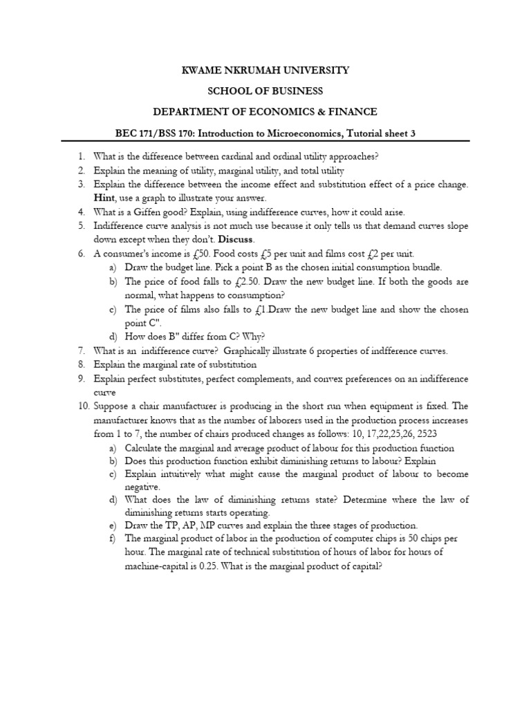 Tutorial Sheet 2 Consumer Choice Theory and Production | PDF | Utility | Production Function