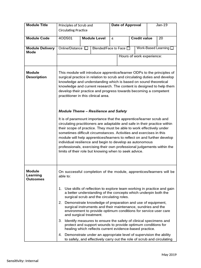 4OD501 Principles of Scrub and Circulating Practice Mod Spec | PDF ...