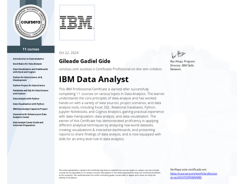 Certificado Profissional - IBM Data Analyst | PDF | Data Analysis | Data