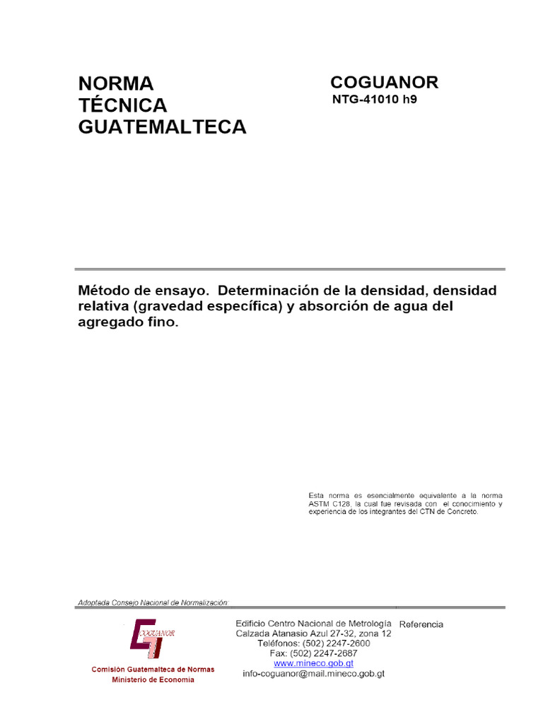 Astm c128 Densidad, Gravedad Especifica y Absorcion de Finos Norma NTG ...